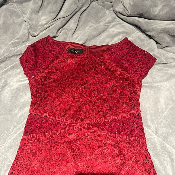 BCX | Dresses | Red Short Sleeve Dress With Lace And Silk | Poshmark